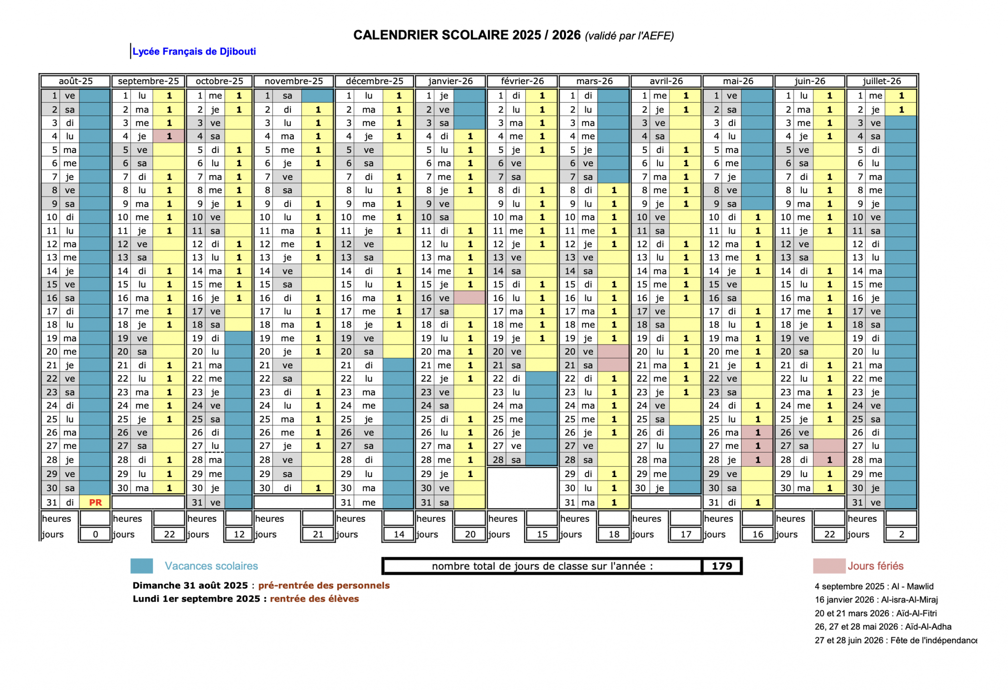 Calendrier scolaire - LFD